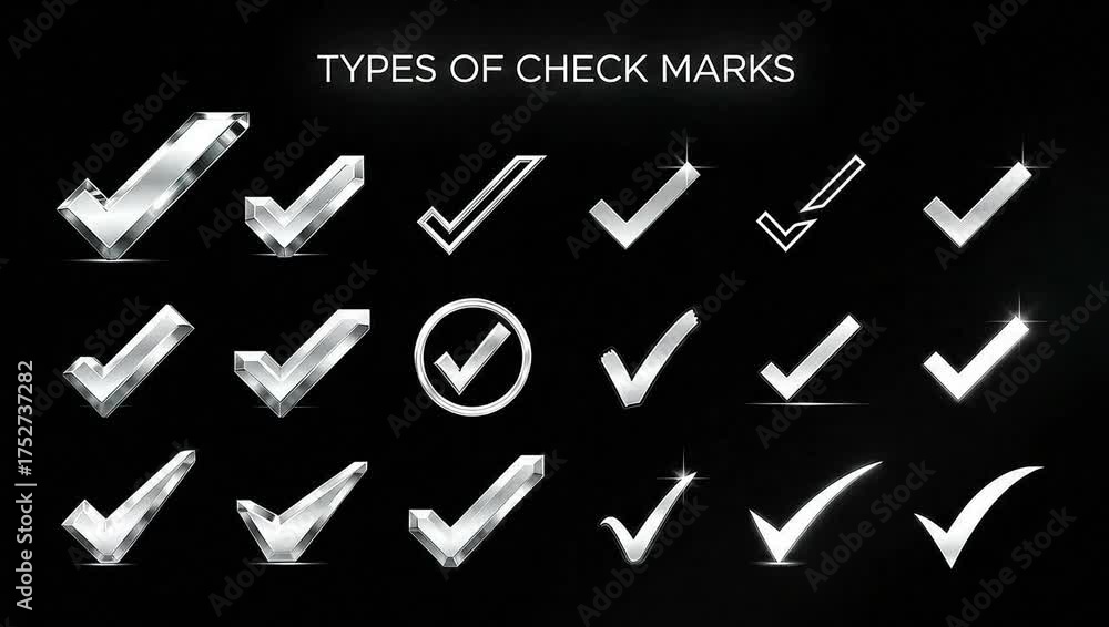 Collection of different types of check marks and tick symbols in silver ...