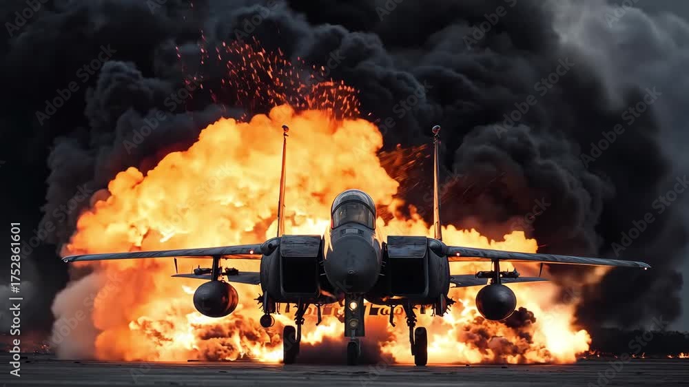 A military fighter jet launches from an airfield, surrounded by flames ...