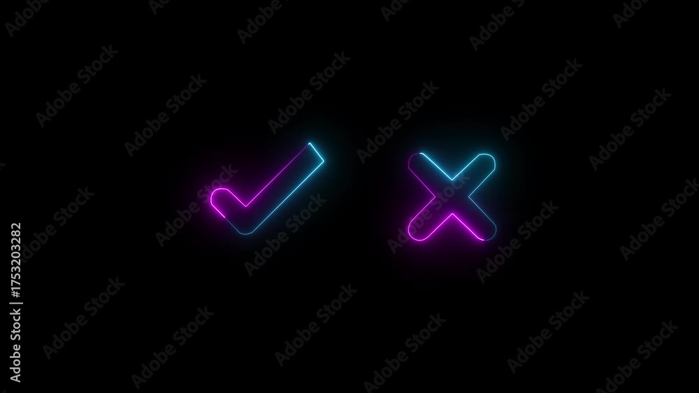 Tick or check mark and cross mark signs neon icon animation. right and ...