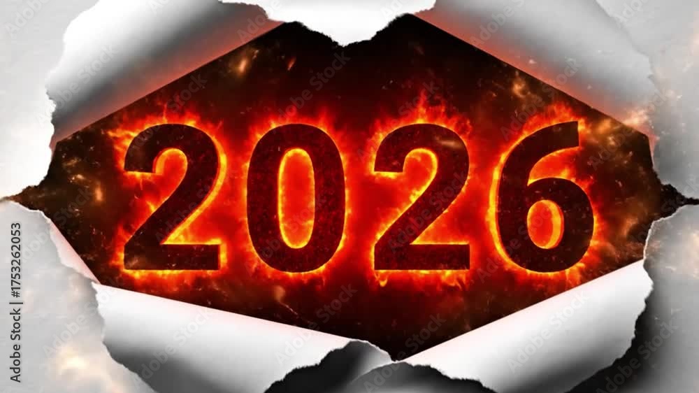 Realistic paper tear opening to reveal 2026 text with confetti, vector ...
