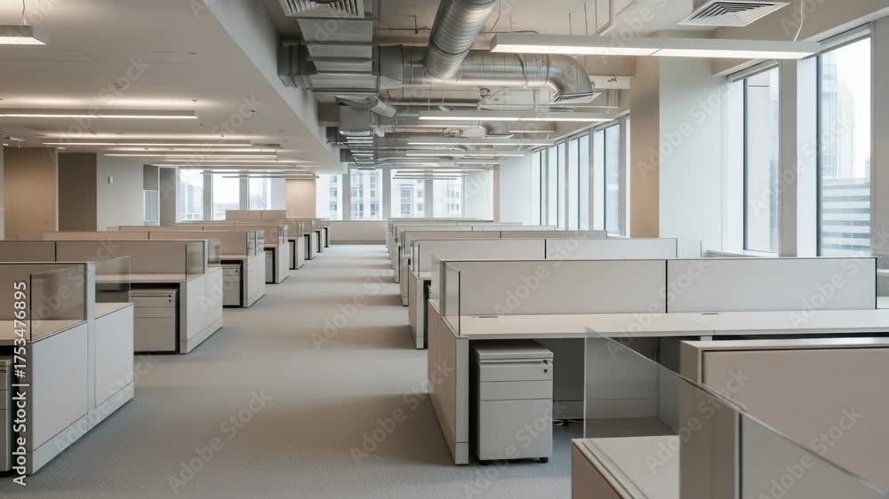 Rows of empty, modern office cubicles with large windows and exposed ...