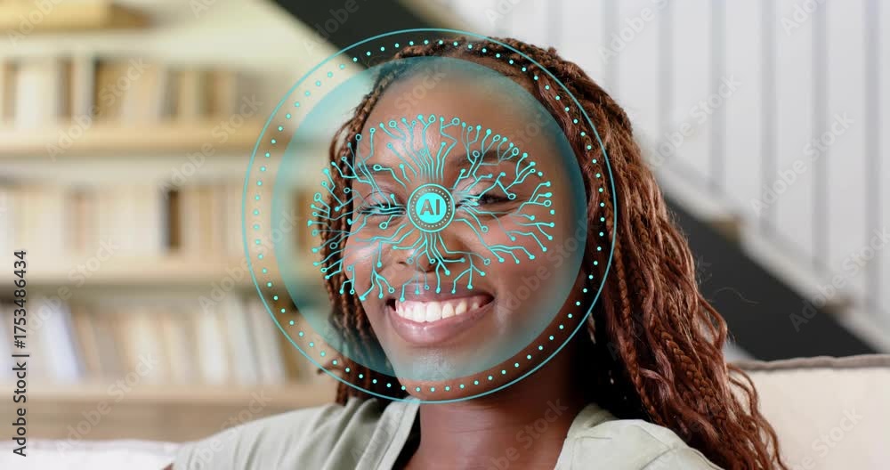 woman sitting sofa viewing tech demo featuring AI overlay scanning face ...