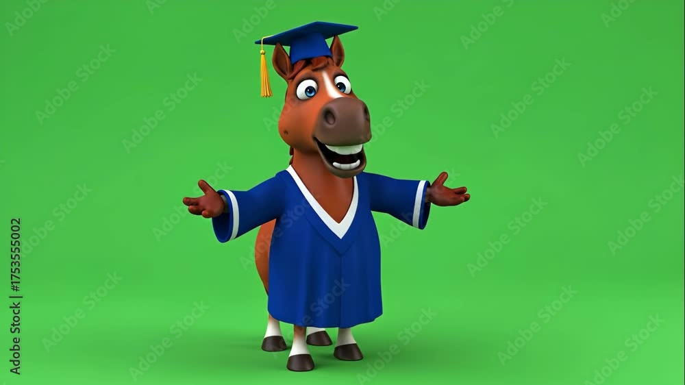 Cartoon Horse Graduation on Green Screen - A cartoon brown horse ...