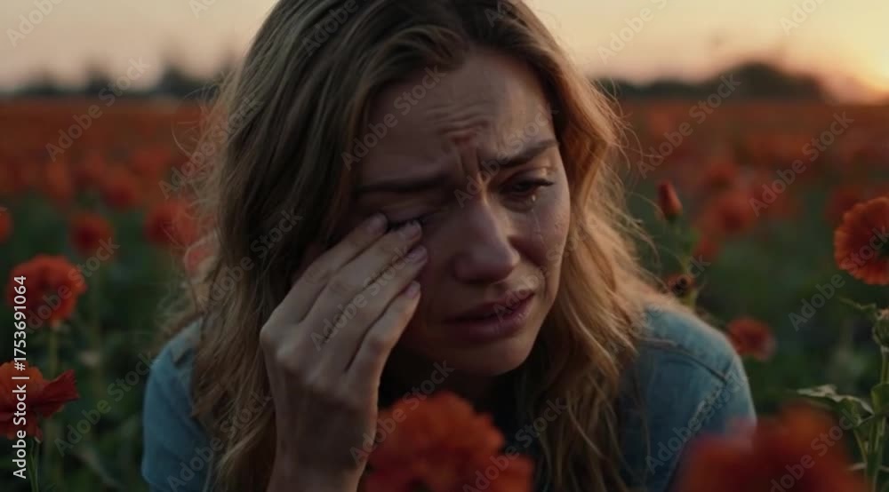 Young man crying in a field, wiping his tears with his hands. Sadness ...