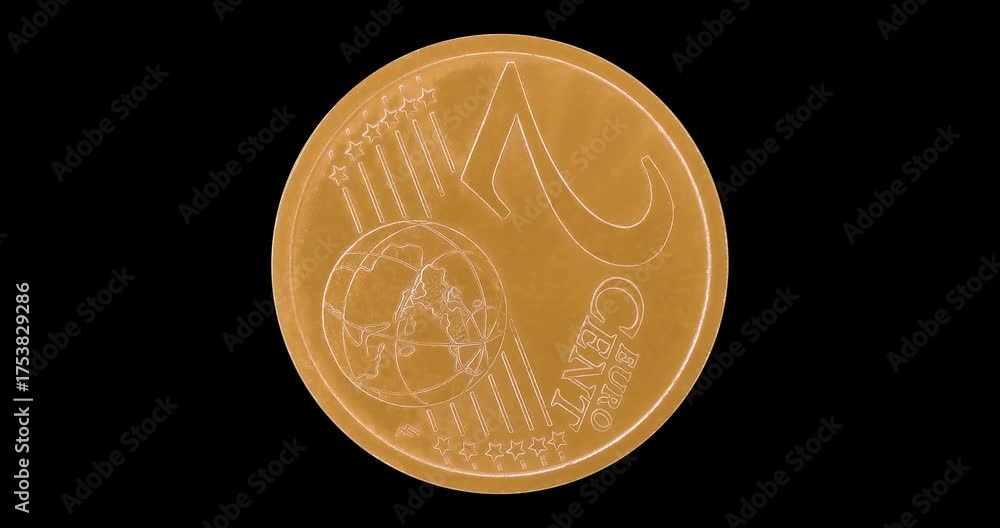 Reverse of 2 euro cent coin, isolated in black background. Loopable ...