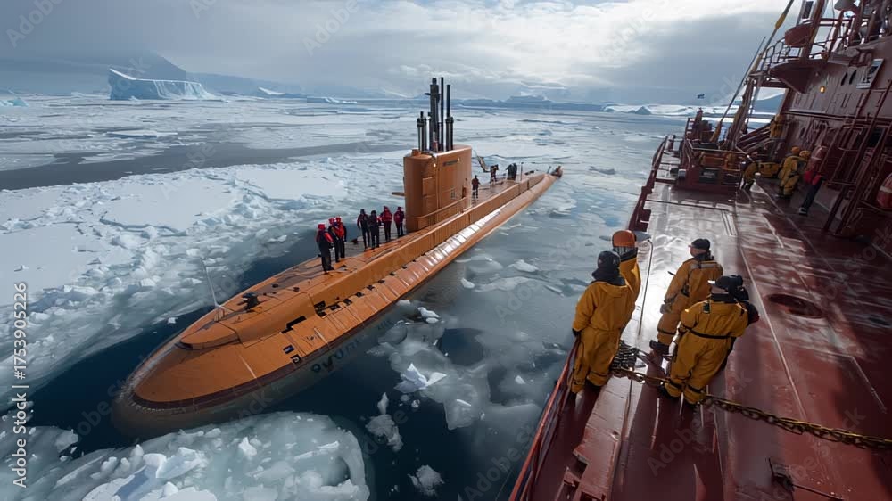 Crew members coordinate as a research submarine is lowered into icy ...