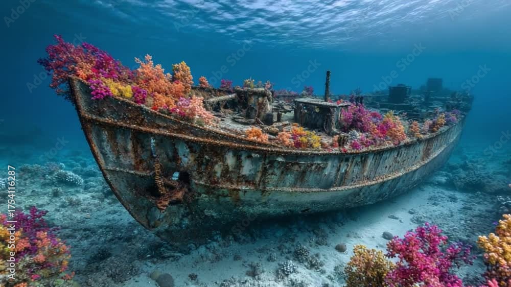 Underwater Ruin: Submerged beneath the waves, a weathered shipwreck ...