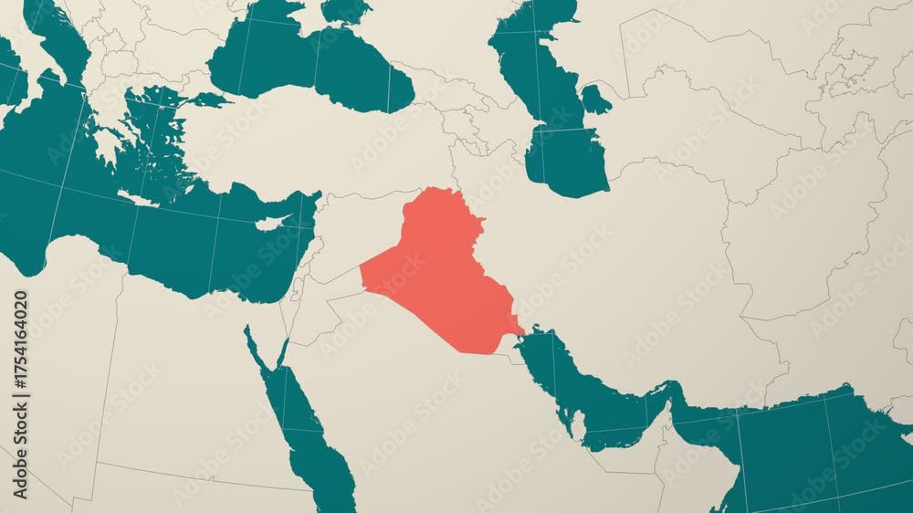 Iraq map. Animated zoom into the country on the Globe in Teal Pale Mint ...
