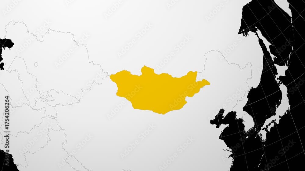Mongolia map. Animated zoom into the country on the Globe in Black ...