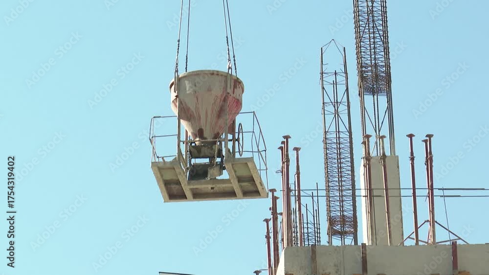 Crane lifts a concrete hopper alongside a multi-story building under ...