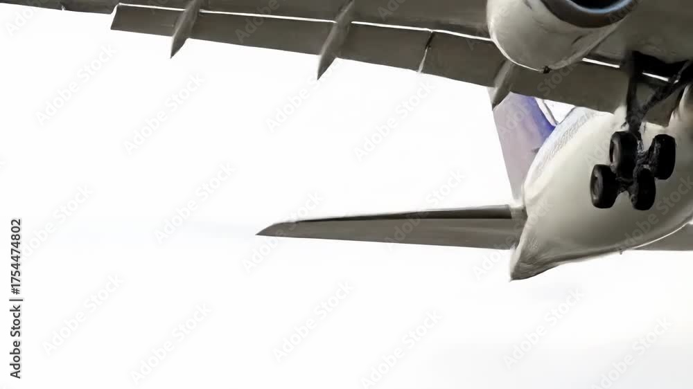 An extreme low-angle shot shows the underside and left wing of a large ...