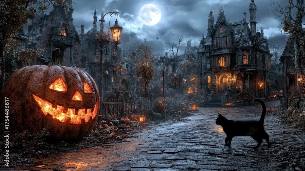 Spooky halloween scene with jack-o'-lantern and haunted house on ...