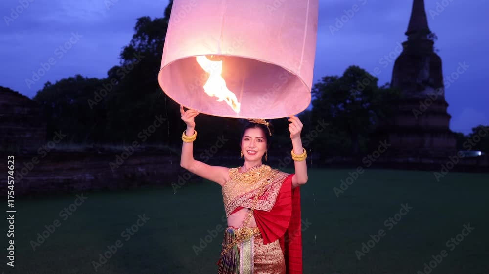 Asian women wearing thai dress releasing sky lantern into the night sky ...