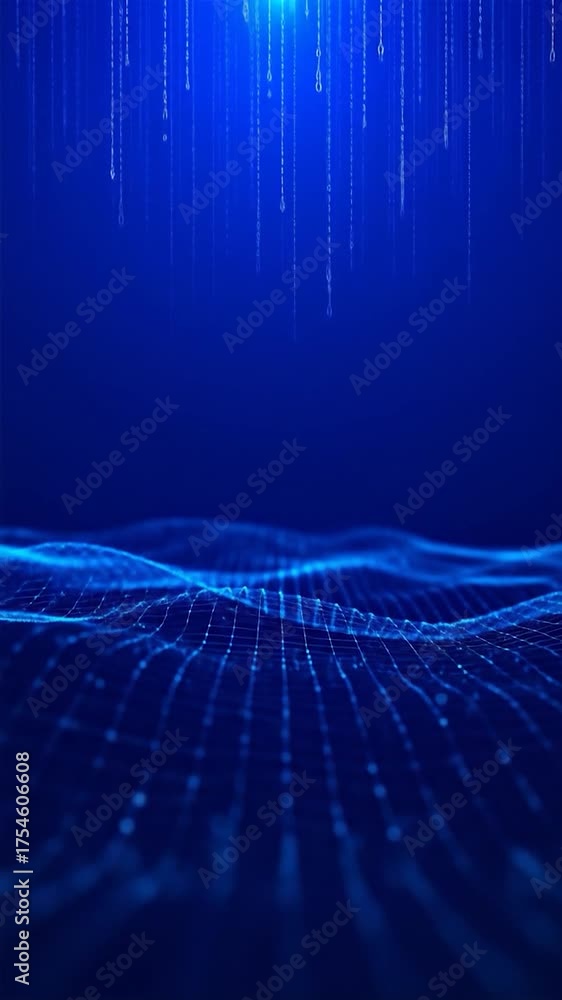Binary code streams rain down onto a glowing blue digital landscape of ...