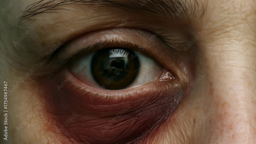 A close-up shows a person's eye with a severe black eye. The visible ...