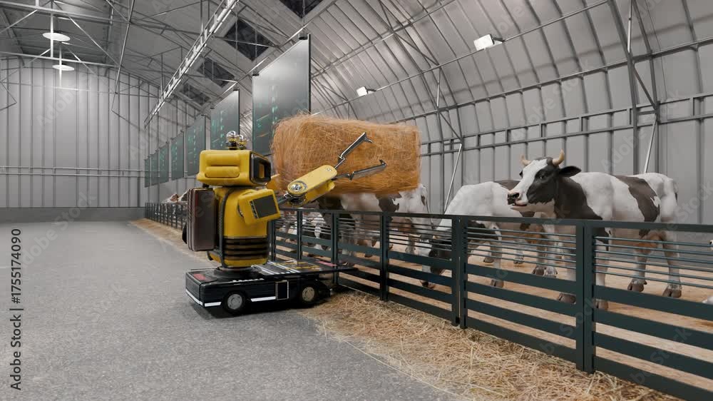 Robot food dispenser works on a smart cow farm. Smart free stall barn ...