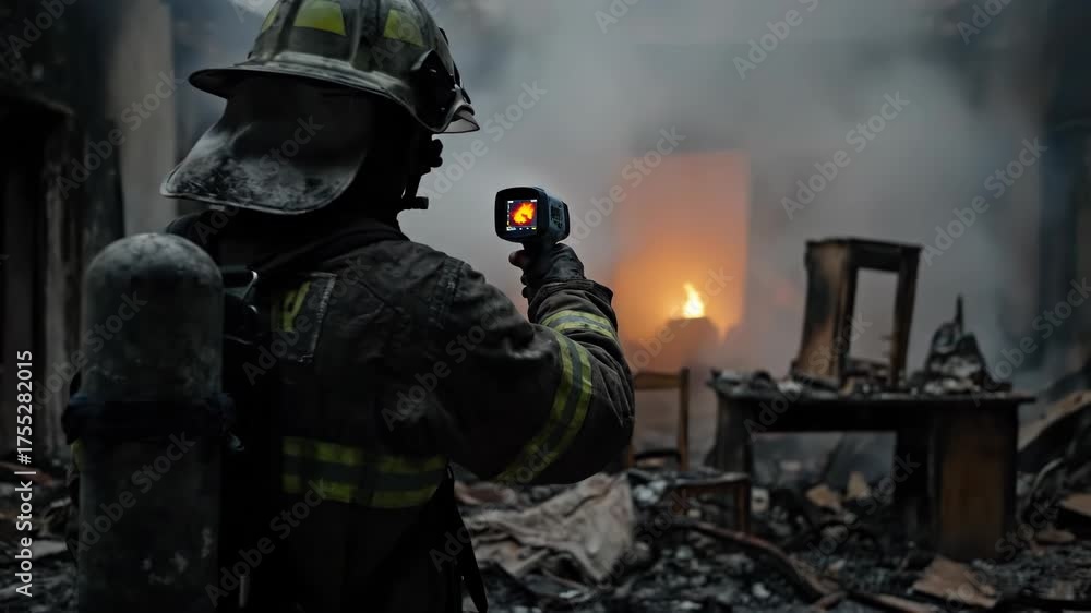 Firefighter uses thermal imaging camera to locate hotspots in a smoke ...