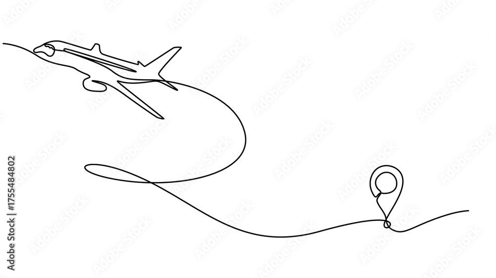 Airplane Travelling Continuous one line draw with map pin location ...