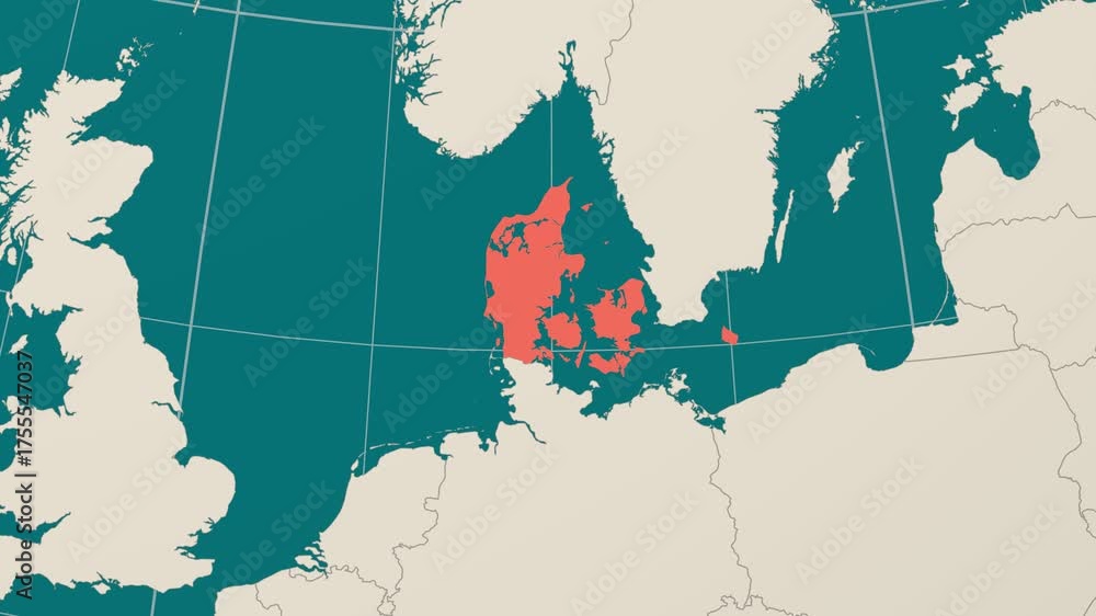 Denmark map. Animated zoom into the country on the Globe in Teal Pale ...