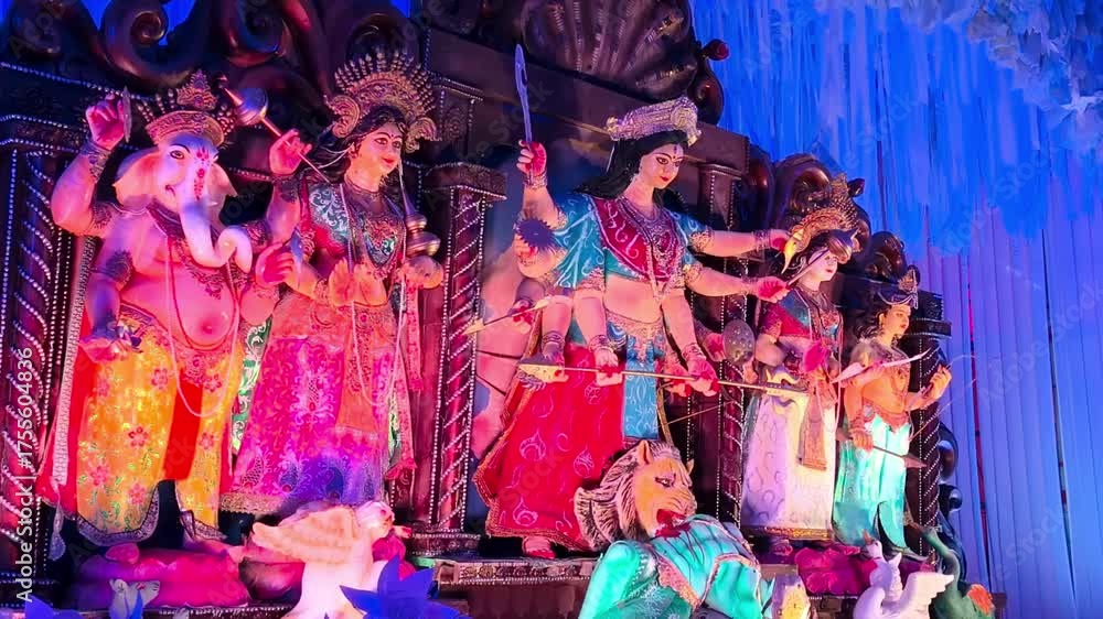 Colorful and intricately designed Durga Puja pandal with a large idol ...