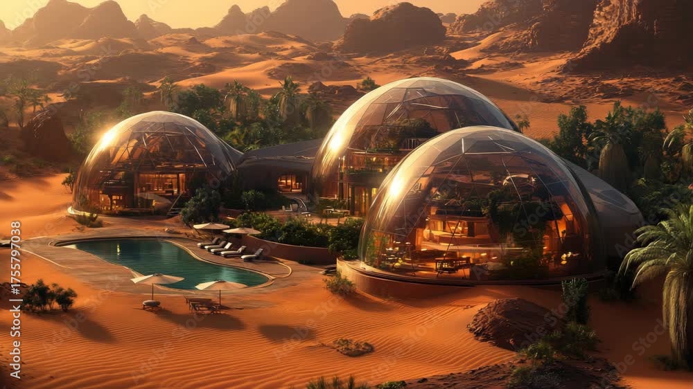 Futuristic dome houses in a desert oasis with palm trees and swimming ...