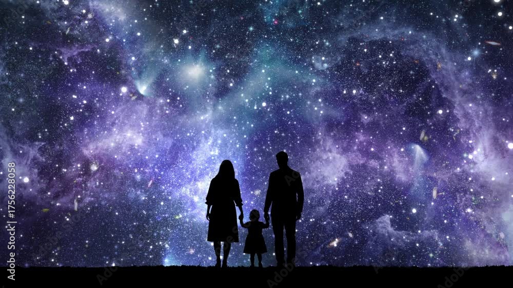 Outline of a devoted family standing together beneath a luminous starry ...