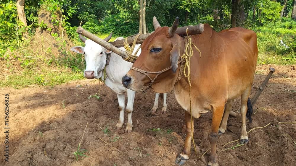 Two oxen tied to wooden yoke for traditional ploughing in rural India ...