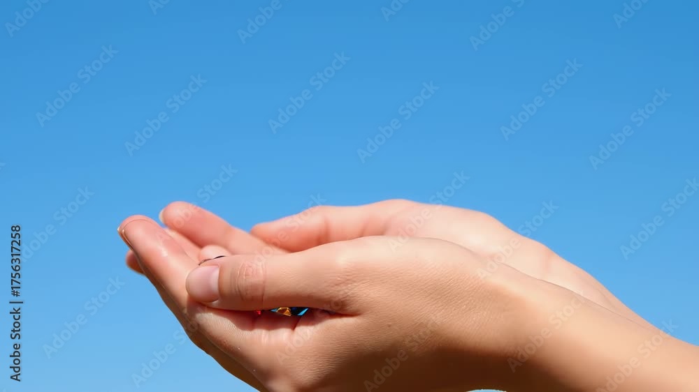 Hands gracefully catch colorful marbles falling from above, showcasing ...