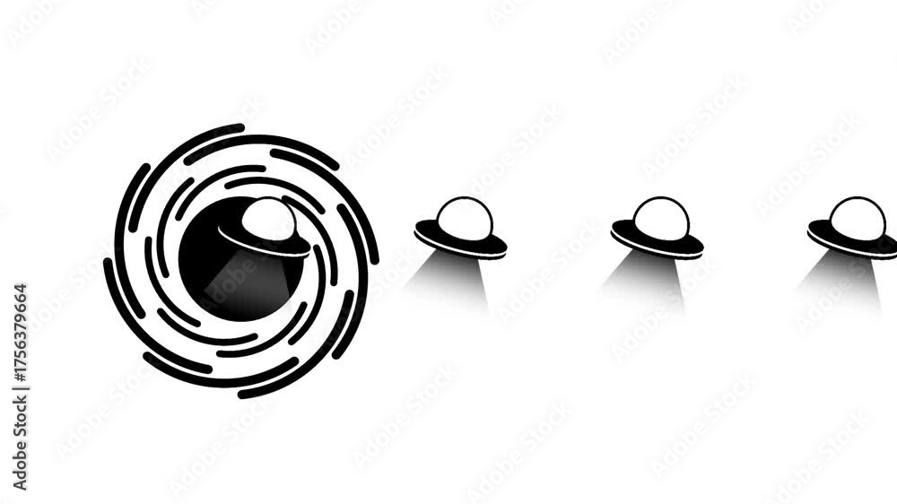 A UFO emerges from a swirling black portal in the sky, symbolizing the ...