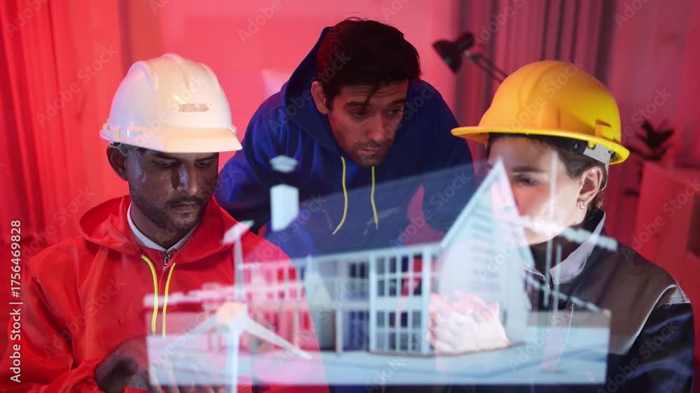 Engineers and industrial workers in safety uniforms discussing a ...