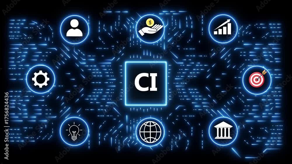 Digital network diagram with CI in center and surrounding icons for ...