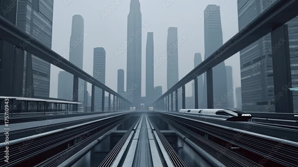 Stockvideon Futuristic city transit system animation with modern train ...