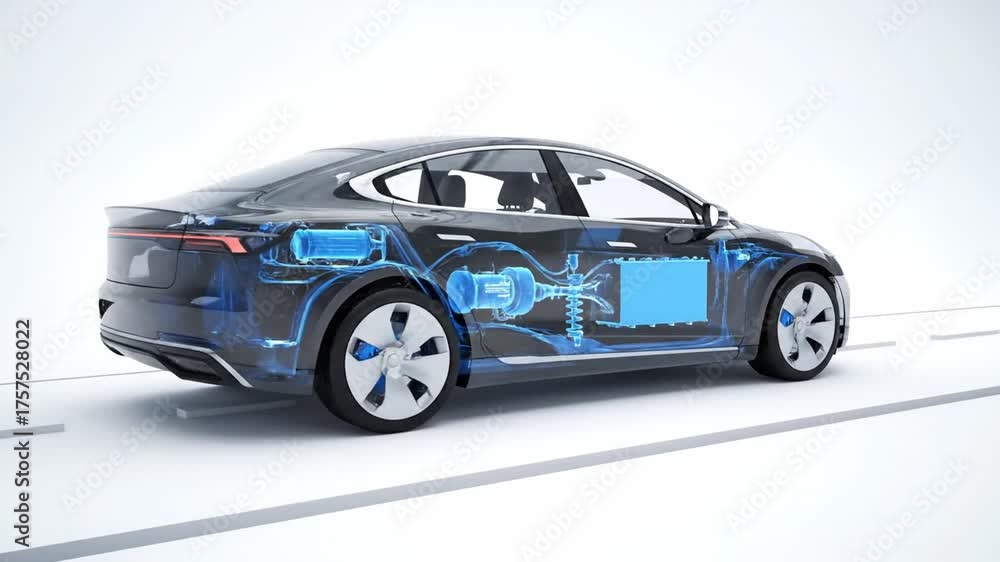 3D animation of an electric car chassis with a visible battery pack and ...