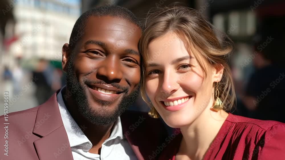 An elegant interracial couple, one a plus-size model, smiling ...