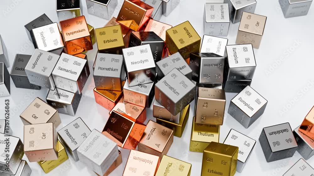 The 17 rare earth elements as cubes falling onto a heap with engraved ...