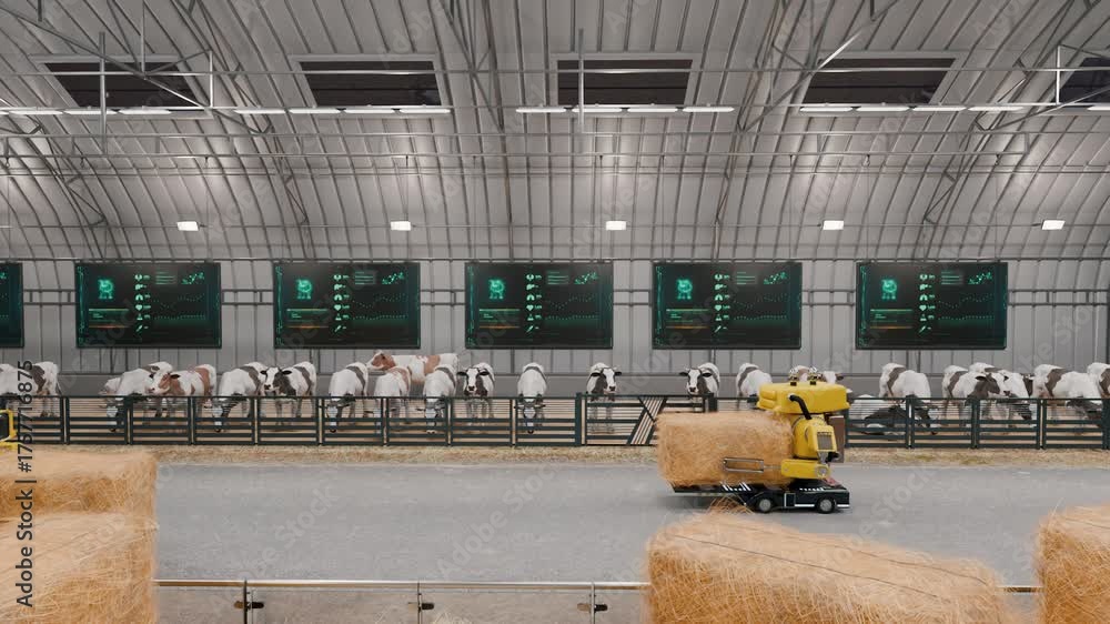 Smart free stall barn for dairy cows. Robot food dispenser works on a ...