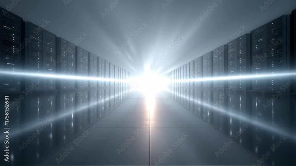 Cloud computing data centers with rows of server racks glowing bright light beams and reflective ...
