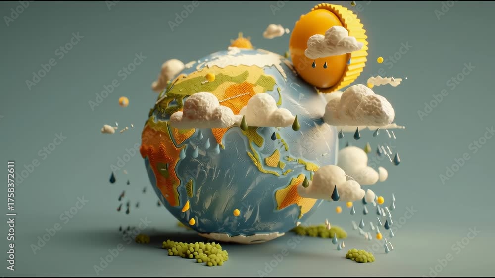 3D illustration of climate zones on Earth with animated sun, clouds ...