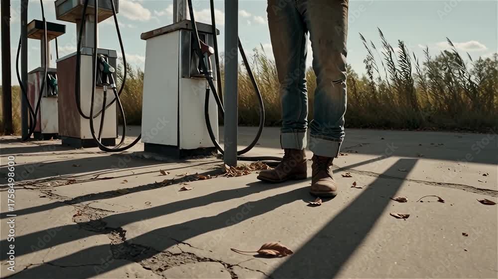 Worn leather boots at abandoned gas pump with dry leaves tall grass and ...