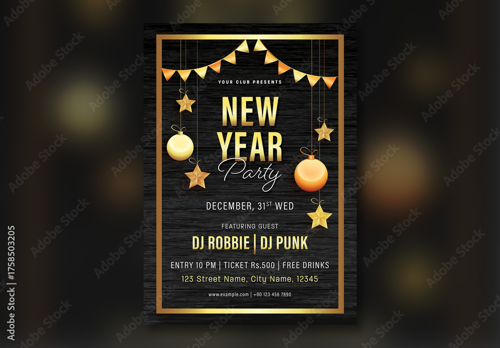 Editable New Year’s Eve Party Flyer with Event Details with Golden ...