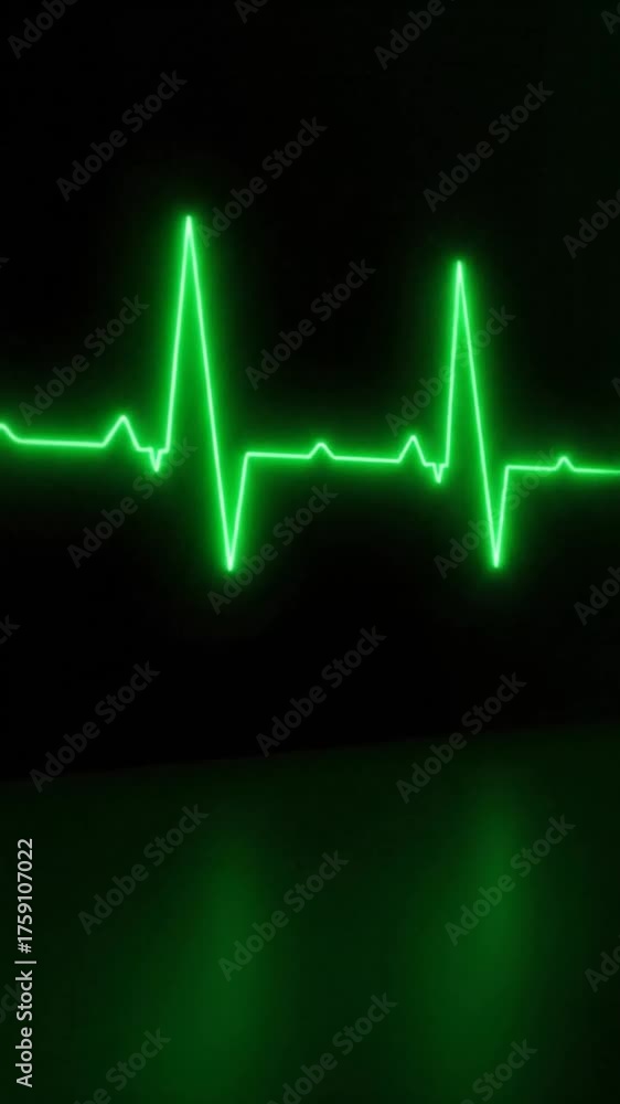 Animated Green Heartbeat Monitor Line on Black Reflective Surface ...
