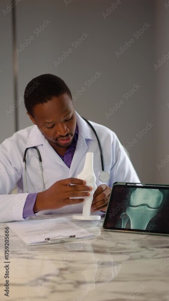 Online medical consultation. African american male orthopedic doctor ...