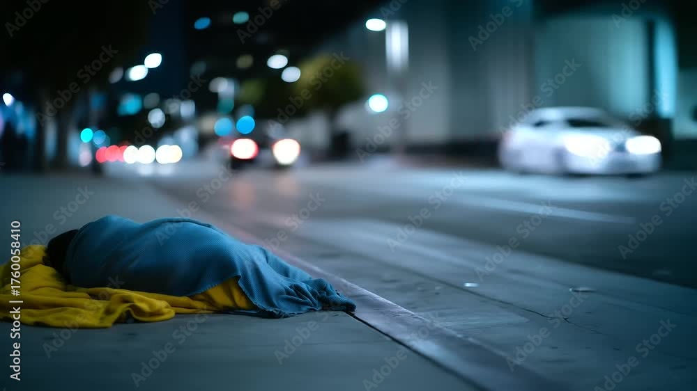 Homeless person sleeping on sidewalk under city lights, wrapped in ...