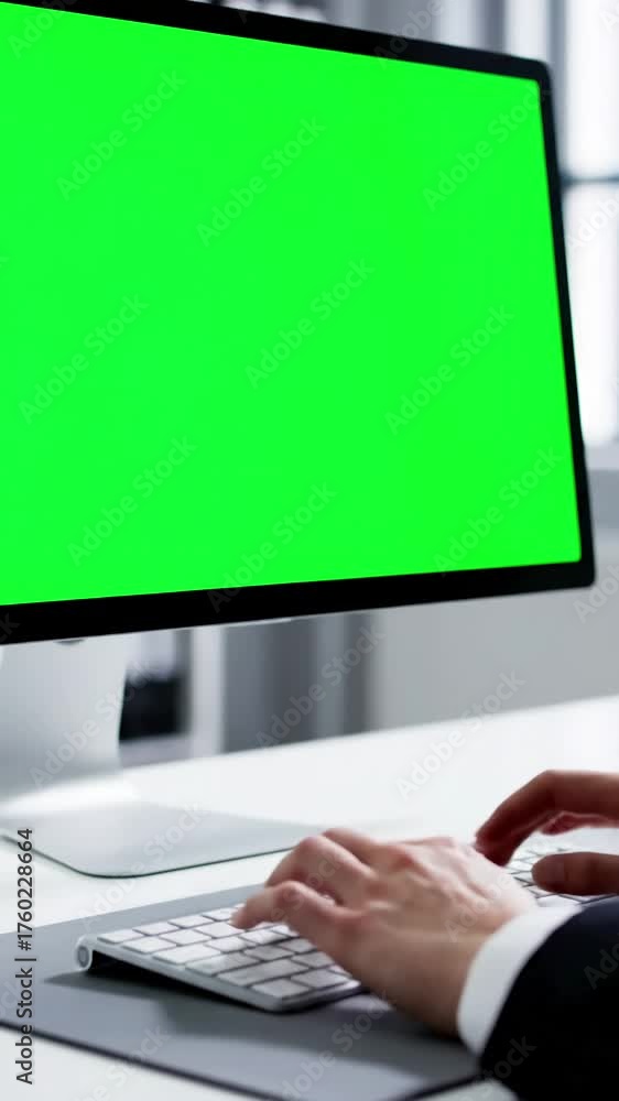 Green Screen Monitor with close up of in office employee works on ...