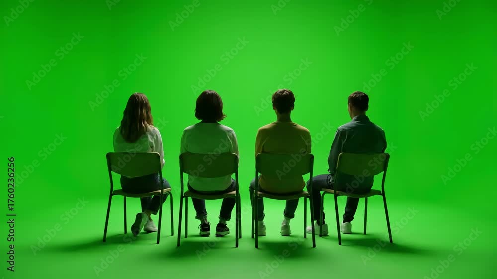 Green Screen chroma key back view group of young people sitting on ...