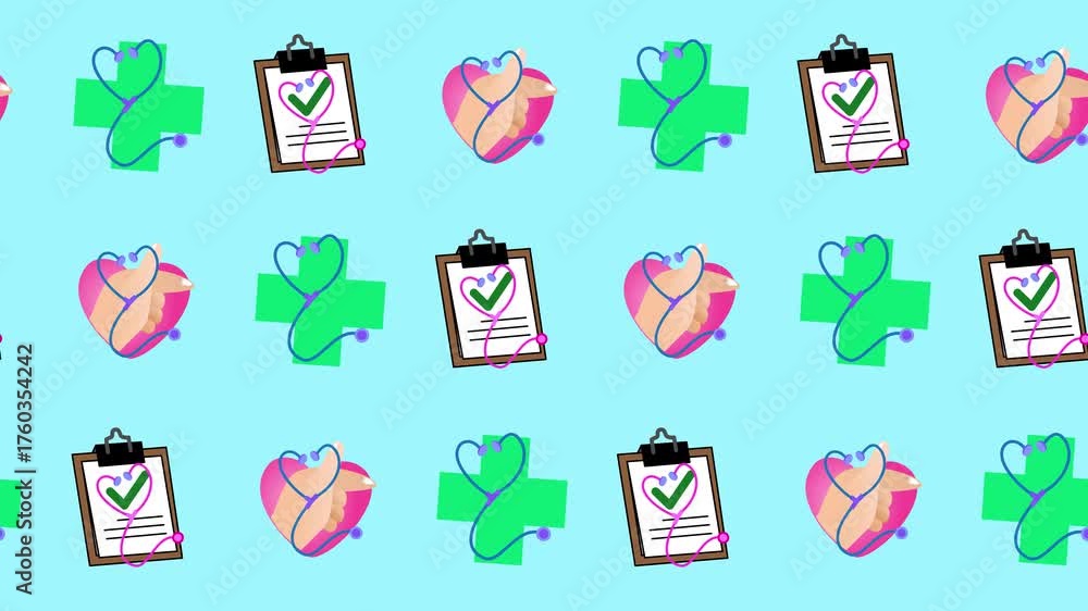 Seamless pattern of medical cross check, stethoscope heart, and health ...