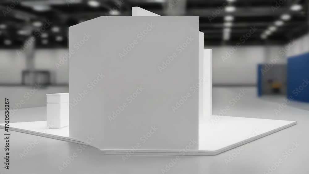 Clean, minimalist white exhibition booth structure with sharp angles ...