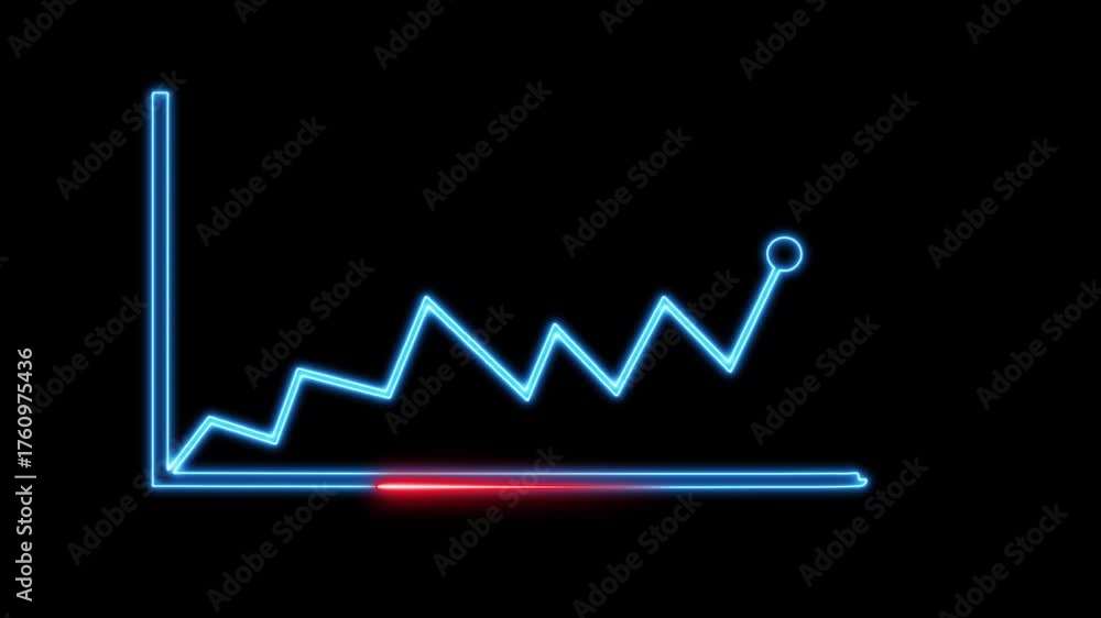Glowing neon blue and red lines form line graph visualizing chart data ...