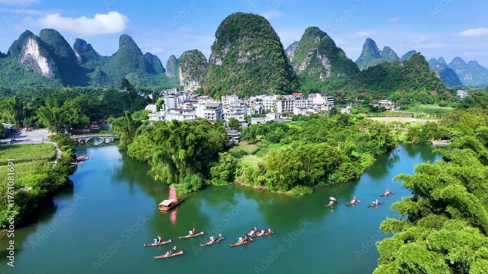 Aerial view of Yulong River with karst peaks near Yangshuo in the ...