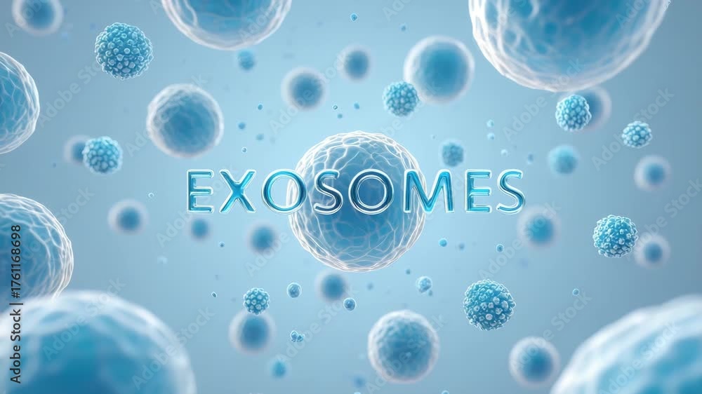 Exosome particles on a blue background, microscopic view, cell biology ...